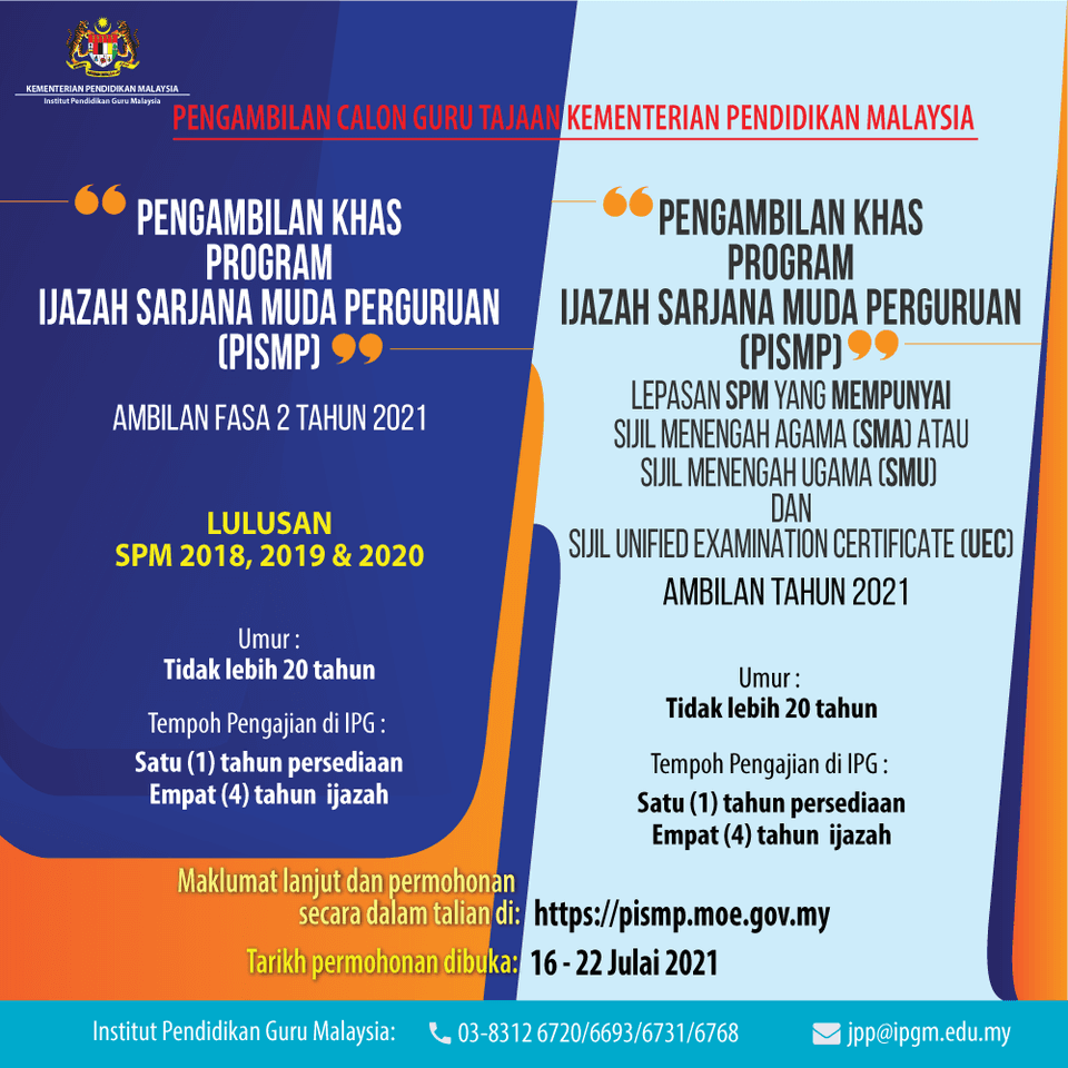 Permohonan IPG 2021 Lepasan SPM (PISMP) - TCER.MY