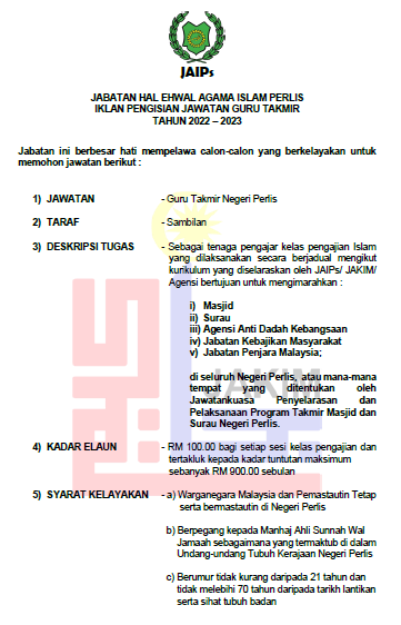 Kerja Kosong Di Jabatan Hal Ehwal Agama Islam Perlis (JAIPS) - TCER.MY