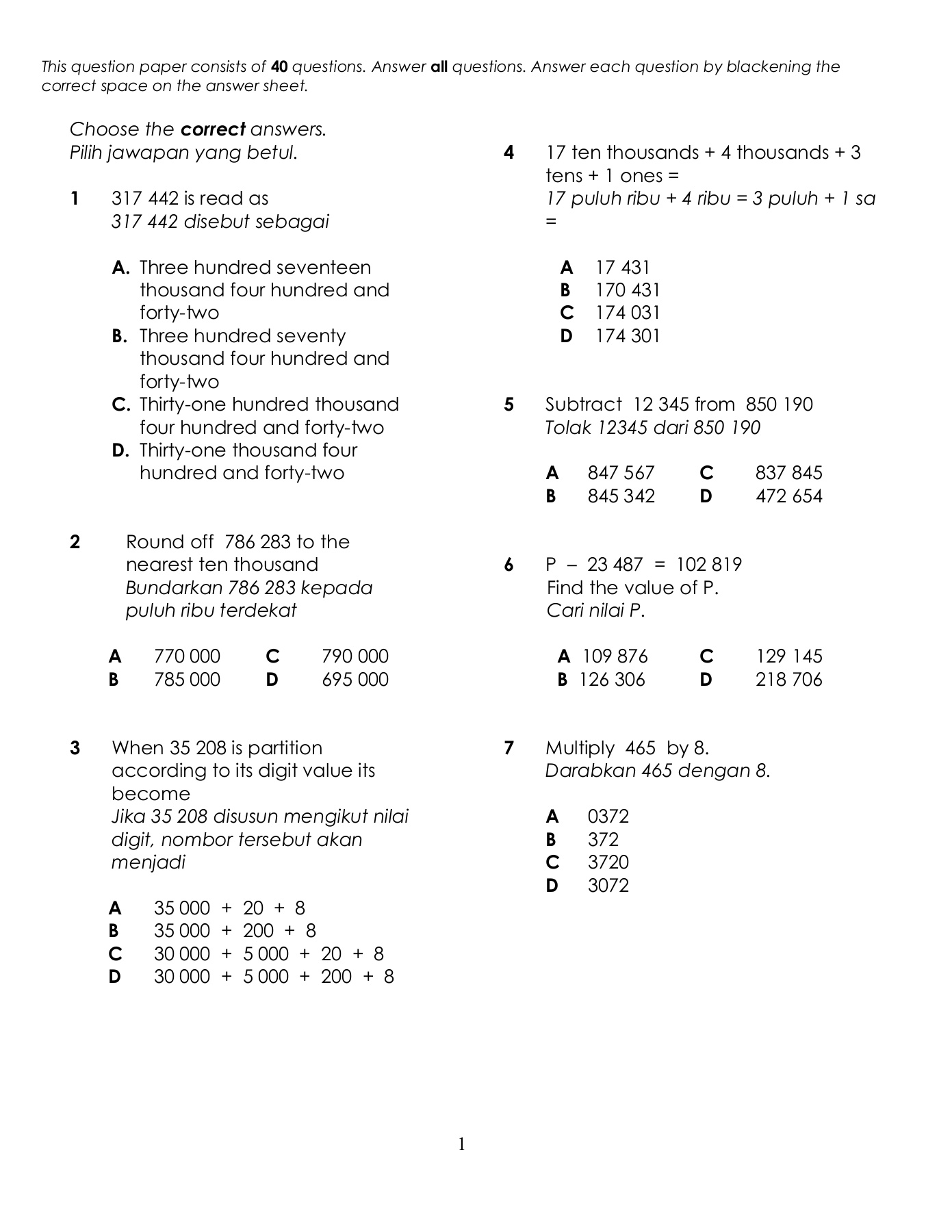 Kertas Soalan Matematik Tahun 5 - Peperiksaan Akhir Tahun - TCER.MY
