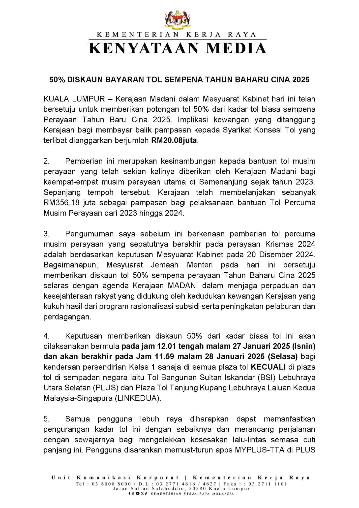 Diskaun Tol 50% Sempena Tahun Baru Cina Pada 27 & 28 Januari 2025 - TCER.MY