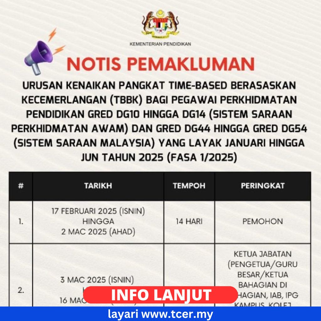 Kenaikan Pangkat TBBK Kementerian Pendidikan Malaysia Fasa 1/2025 - TCER.MY