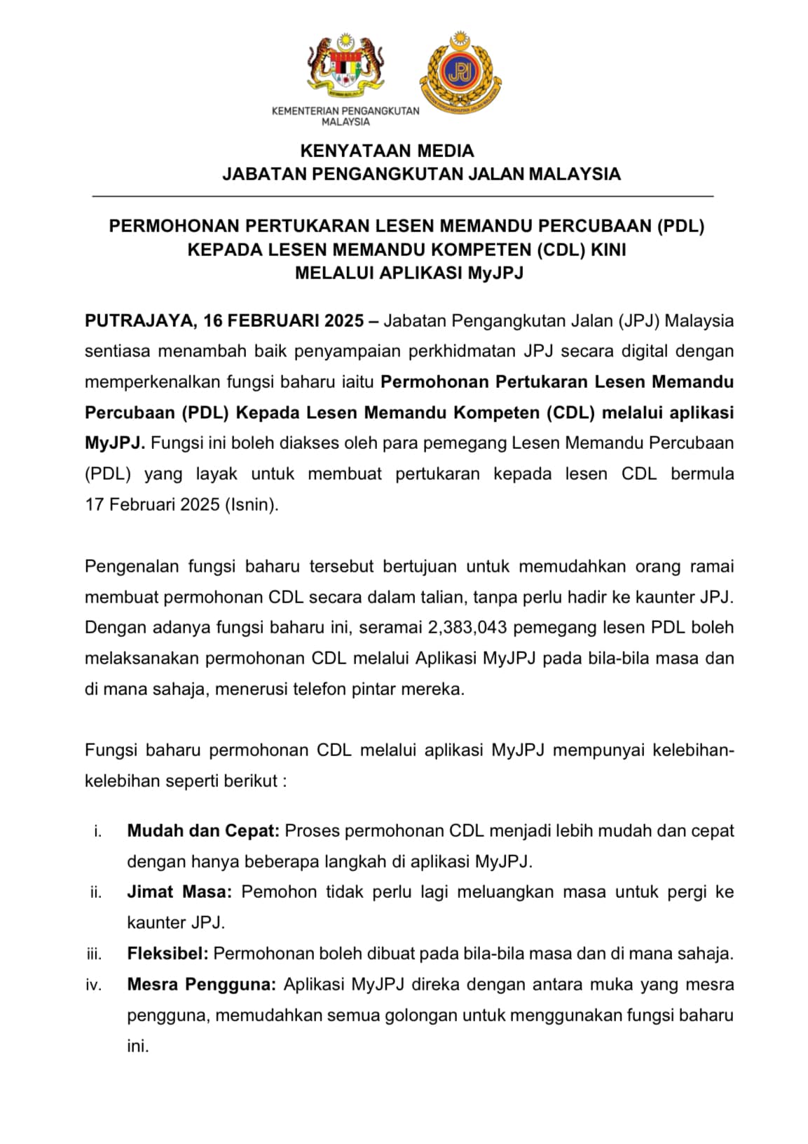 Permohonan CDL Melalui Aplikasi MyJPJ Bermula 17 Februari 2025 - TCER.MY
